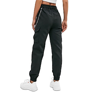 ZAFUL Cargo Pants for Women High Waisted Jogger Pants Outdoor Sweatpants Casual Pants with Chain (1-Black,M)