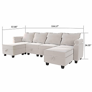 Tbfit Modular Sectional Sofa with Storage Ottoman, Convertible Oversized U Shaped Couch with Reversible Chaises, Sleeper Sofa with Adjustable Arm for Living Room, Beige