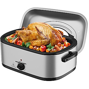 Sunvivi Electric Roaster Oven with Visible Self-Basting Lid, 24 Quart Turkey Roaster Oven with Removable Pan and Rack,Stainless Steel,Silver