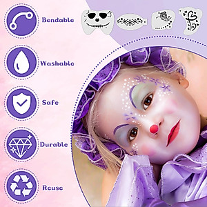34+28Pcs Face Paint Stencils Kit, Suboyica 34 Pcs Plastic Facial Painting Stencils Reusable Body Paint Templates for Party Halloween Face Makeup Stencils With Brushes, Sponge, Stickers, Diamond