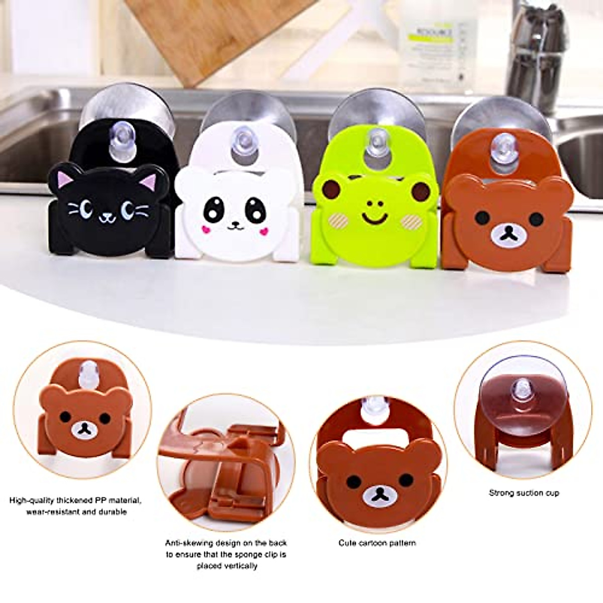 Sponge Holder for Kitchen Cute Adhesive Kitchen Sink Caddy, Plastic Sink Sponge Rack Kawaii Cartoon Kitchen Dish Sponge Hooks Organizer Suitable for Kitchen Accessories, Save Sink Space (4 Pack)