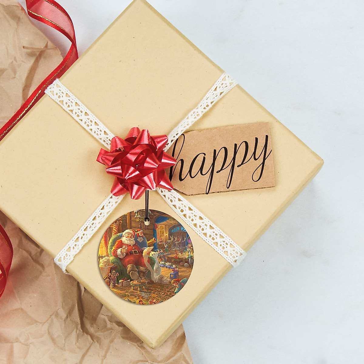 Thomas Kinkade - Santa’s Workshop - Checking His List - 3.5” Starfire Prints Hanging Glass Print Accessory – Officially Licensed Collectible | Complimentary Velveteen Gift Bag