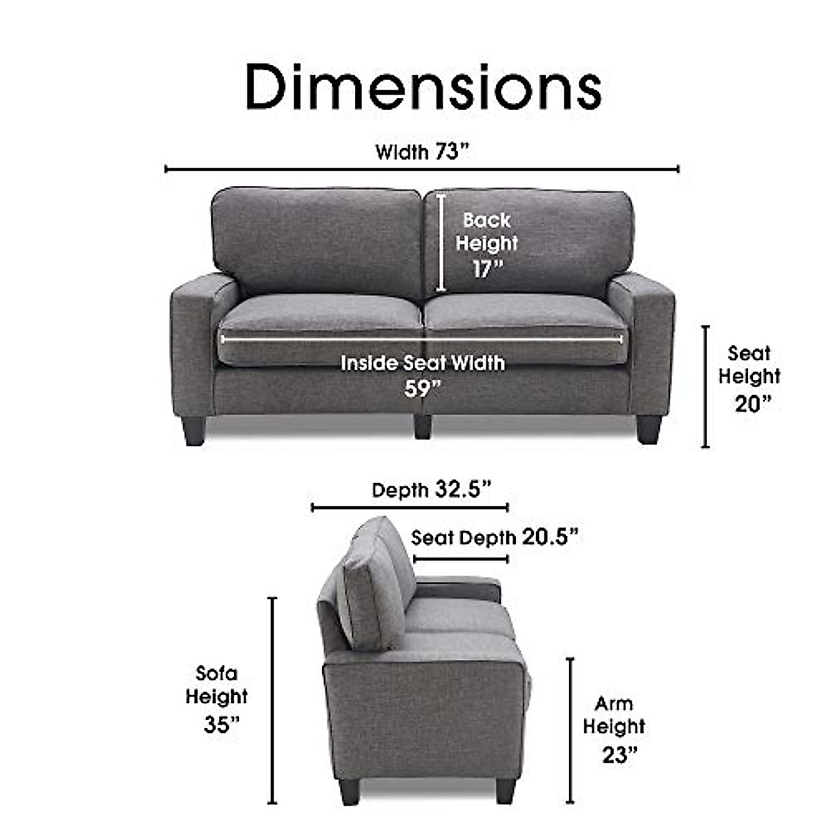 Serta Palisades Upholstered Sofas for Living Room Modern Design Couch, Straight Arms, Soft Fabric Upholstery, Tool-Free Assembly, 73" Sofa,Grey