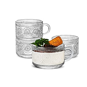 LUXU Vintage Glass Coffee Mugs 14oz Set of 4 Clear Glass Tea Cups,Stackable Glass Coffee Cups,Cute Coffee Bar Accessories,Iced Coffee Glasses,Clear Embossed Glass Cups for Cappuccino,Latte,Beverages