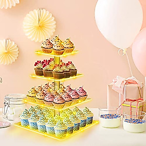 4 Pcs Square Acrylic Cupcake Stand, 4 Tier Cupcake Holder and 3 Tier Cupcake Tower with Yellow LED Light String Cupcake Pastry Display Stand for Wedding Birthday Candy Bar Decor