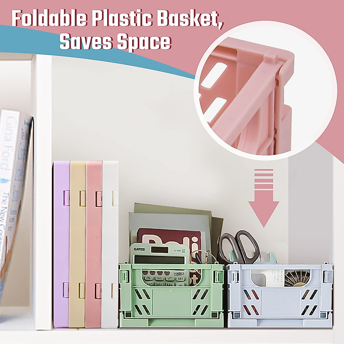 6-Pack Mini Plastic Storage Basket for Shelves Organizing, Small Basket Folding Plastic Crate Compact Storage Bin Organization for Classroom Home Kitchen Office,Christmas/New Year's/Thanksgiving Gifts