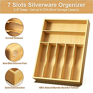 NIKUY Kitchen Bamboo Drawer Organizer - 13 Inch Silverware Utensil Tray Holder with Extra Deep Grooved Drawer Divider - 7 Slots Total Bamboo Wood Caddy for Flatware Cutlery Knives, Forks, Spoons