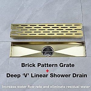 TRUSTMI Linear Shower Drain 12 Inch with Removable Brickwork Pattern Grate, Adjustable Feet Rectangular Floor Drain with Hair Catcher and Shower Drain Base Flange, Brushed Gold