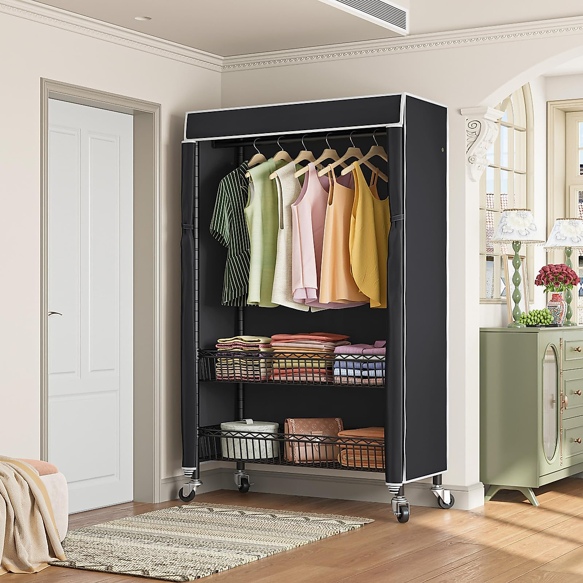 VIPEK R2C Plus Rolling Garment Rack with Cover and Wheel, Heavy Duty Rolling Clothes Rack with Cover, Covered Clothes rack For Hanging Clothes Black Metal Rolling Clothing Rack with Basket Black Cover