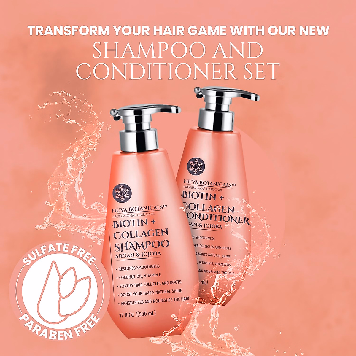 Biotin and Collagen Hair Growth Set - Shampoo and Conditioner for Women with Coconut Oil, Argan and Jojoba Oil for Thinning Hair (17 Fl Oz)