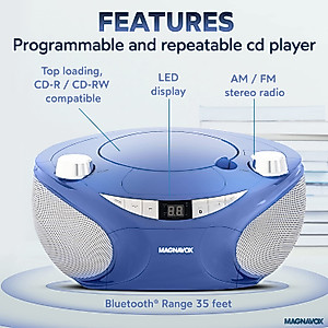Magnavox MD6949 Portable Top Loading CD Boombox with AM/FM Stereo Radio and Bluetooth Wireless Technology in Black | CD-R/CD-RW Compatible | LED Display | (Blue)