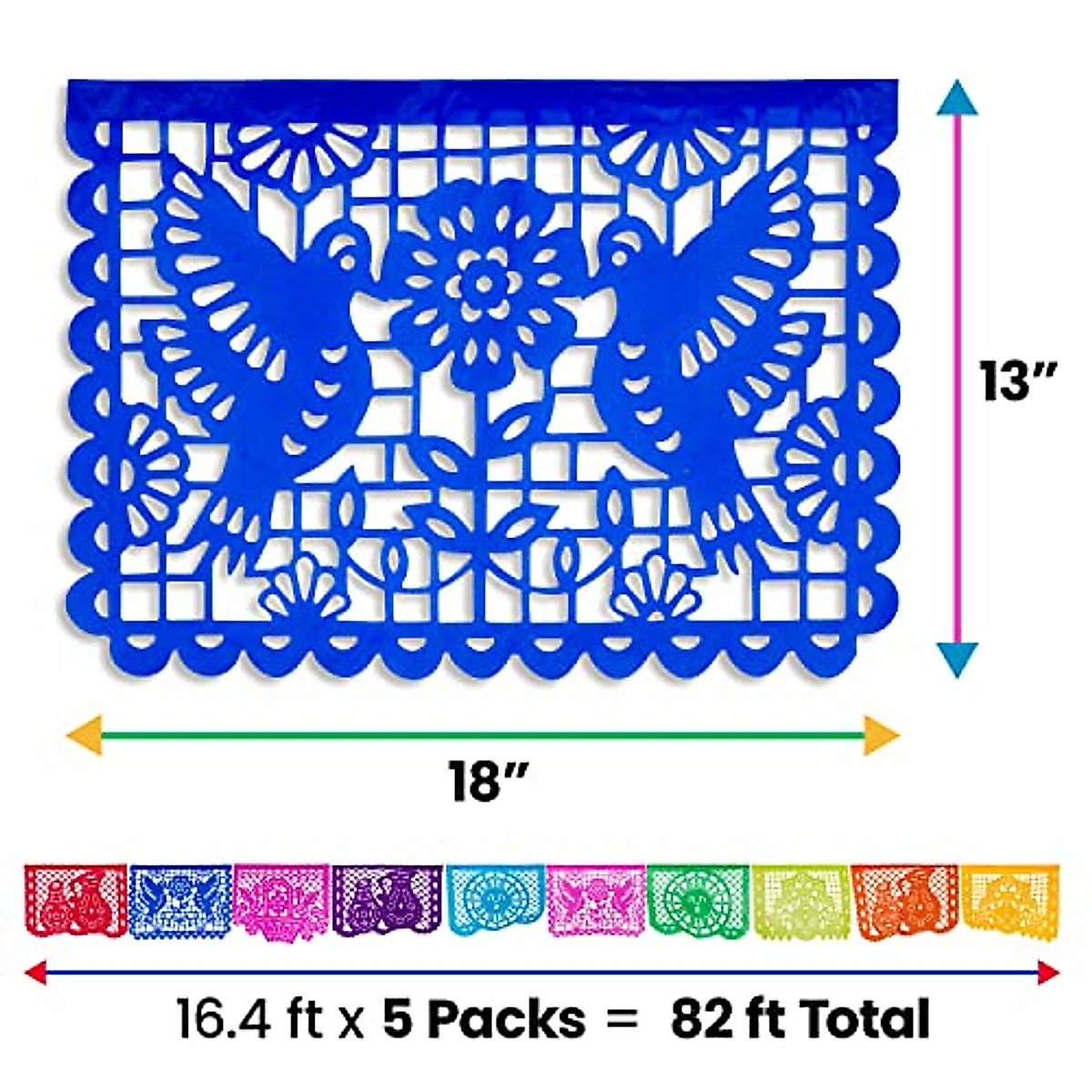 FIVE packs, 82 ft Mexican Party Banners PLUS 250 gr of Multicolor Confetti - Authentic Papel Picado - Handcrafted by Mexican Artisans - Cinco de Mayo decorations