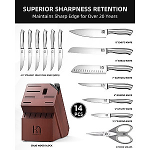 KnifeSaga Kitchen Knife Block Set, Enduring Sharpness Premium Knife Set with Block, 14 Pcs Japanese High Carbon Stainless Steel Knives Set for Kitchen, Chef Knife Set with Block and Built in Sharpener