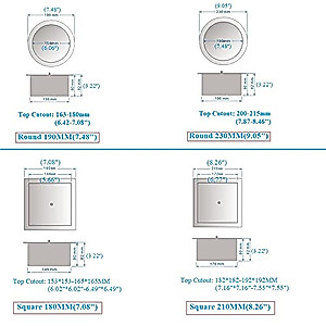 304 Stainless Steel Round Square Countertop Working Top Flush Built-in Waste Trash Chute Grommet with Lid Cover (Square 210MM(8.26"))