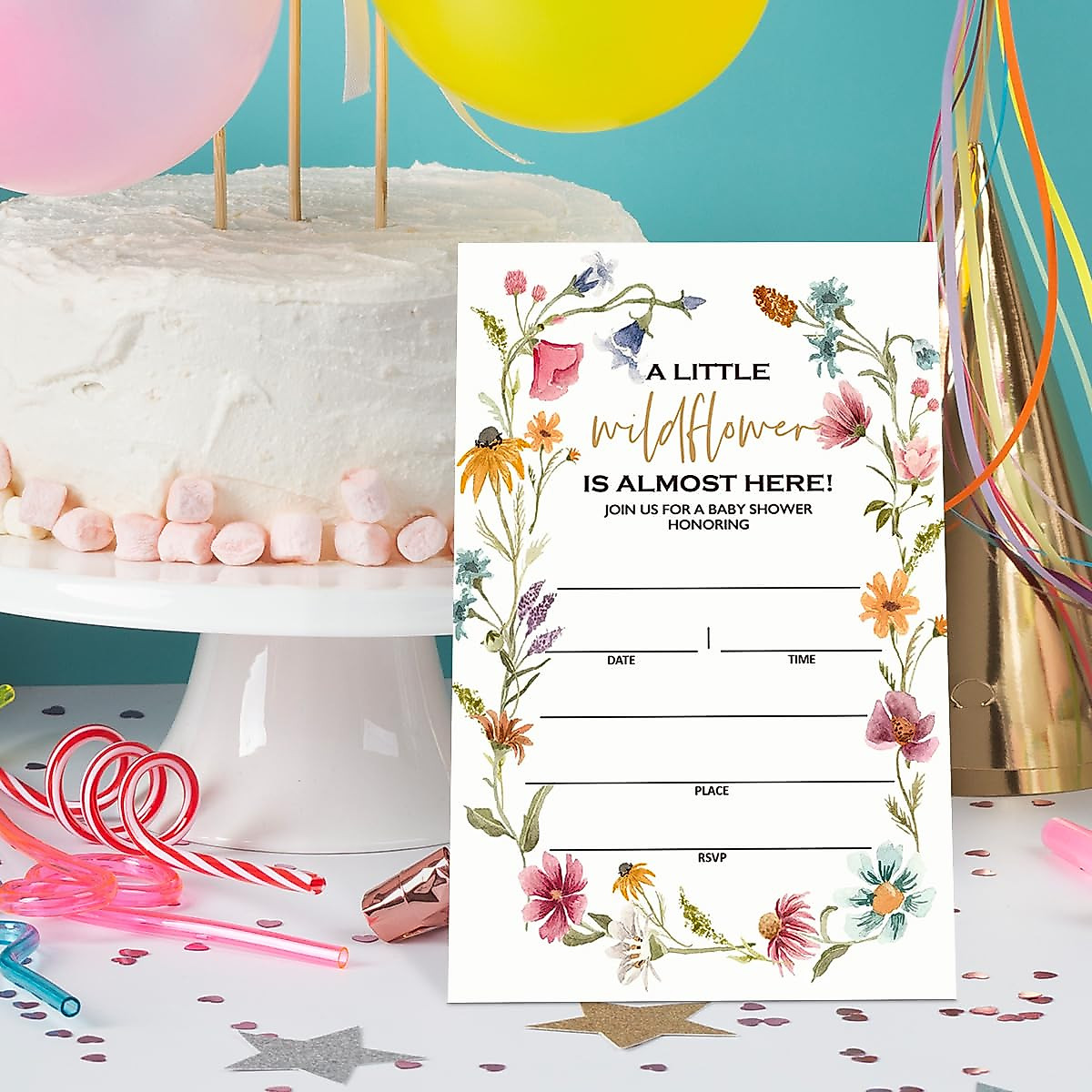 UDNADKEX Baby Shower Invitations for Girl Floral with Envelopes, Invites for Baby Showers Party Boho, Bohemian Wildflower Baby Shower Invite Cards, Wildflower Is Almost Here, 4"x6" Set of 20