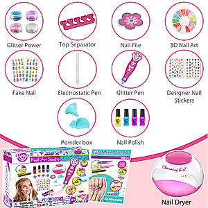 BATTOP Kids Nail Polish Set for Girls, Nail Art Kits with Nail Dryer & Glitter Pen, Quick Dry & Peel Off & Non-Toxic Nail Polish Birthday Gifts for Girls Ages 6 7 8 9 10 11 12