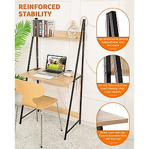 SpringSun Computer Desk with Power Outlet 2-Tier Ladder Computer Table with Storage Bookshelf, USB Charging Ports Modern Writting Table for Office and Home