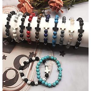 Svovin 12Pcs Fashion Religion Cross Men Women 8mm Natural Stone Lava Tiger Eye Stretch Anxiety Bracelets Unisex 7.5"