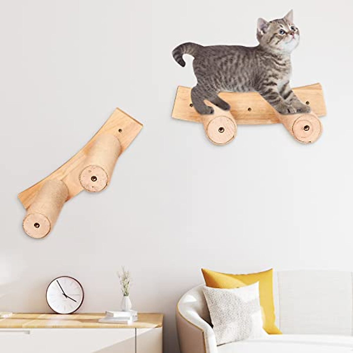 ESPETS Pack of 2 Large Cat Wall Stairs with Jute Rope Scratching Post Steps 6 in 1- Cat Wall Climbing Steps Walkways, Wall Mounted Floating Cat Shelves and Perches, Modern Cat Wall Furniture Indoor