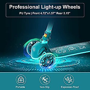 Kick Scooter for Kids, Wheel with Brake, Adjustable Height Handlebar, Foldable, Lightweight, Aged 3-10, Wide Standing Board, and up to 110LBS, Green