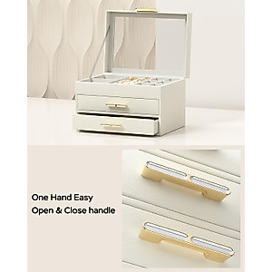 Jewelry Box for Women, 3-Layer Jewelry Organizer with Glass Lid, Flip-Top Leather Jewelry Boxes with 2 Drawers,Earring, Necklace, Ring, Bracelet Organizer Box for Big and Small Jewelry - Cloud White