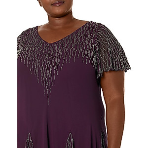 J Kara Women's Plus Size Short Beaded Godet Dress, Wine/Mercury, 20W