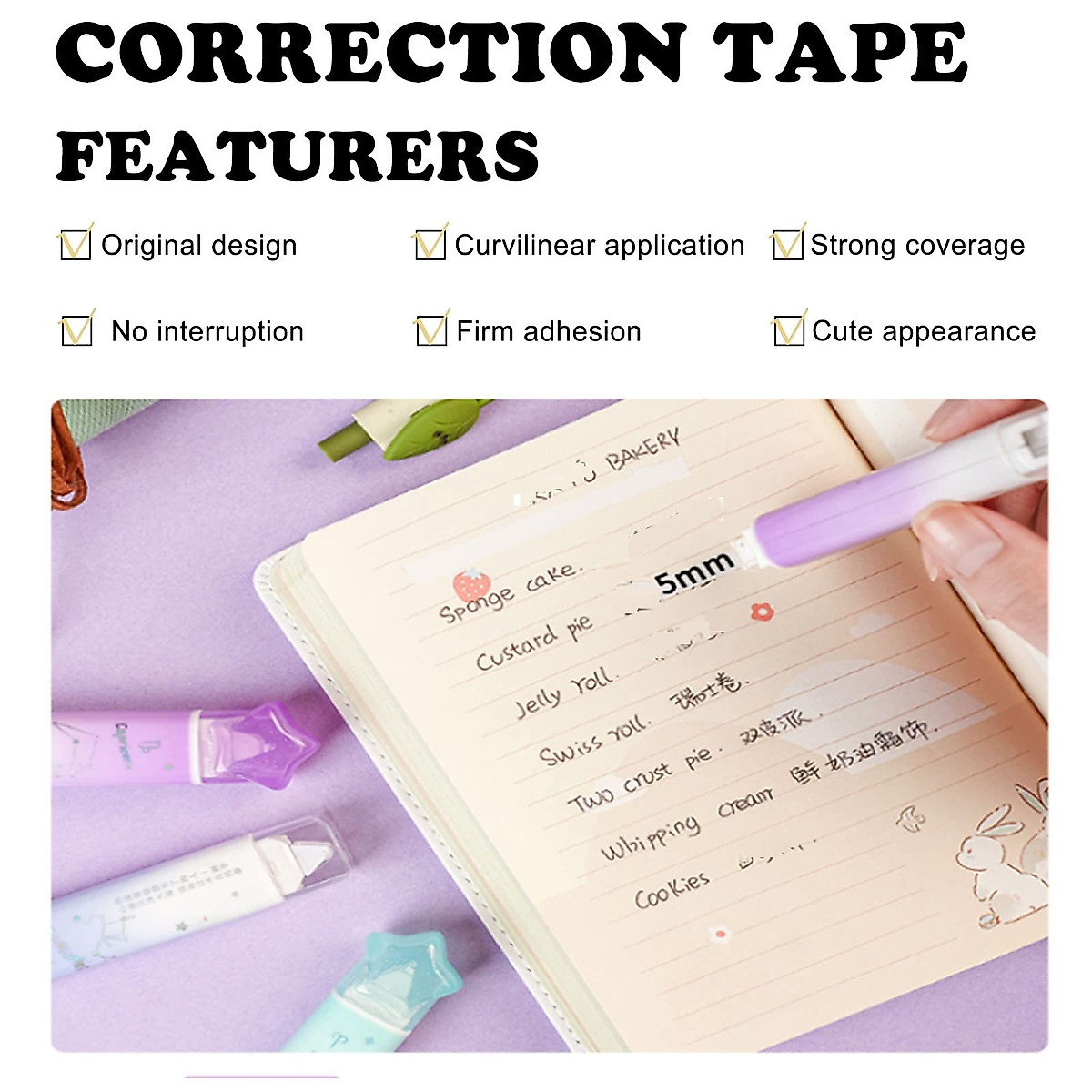 BITOSEE 2 in 1 Whiteout Correction Tape and Double Sided Tape Roller, Cute Quick Dry Japan Whiteout Tape, with Permanent Adhesive Tape Runner,for School Office Instant Correction & Scrapbook Supplies