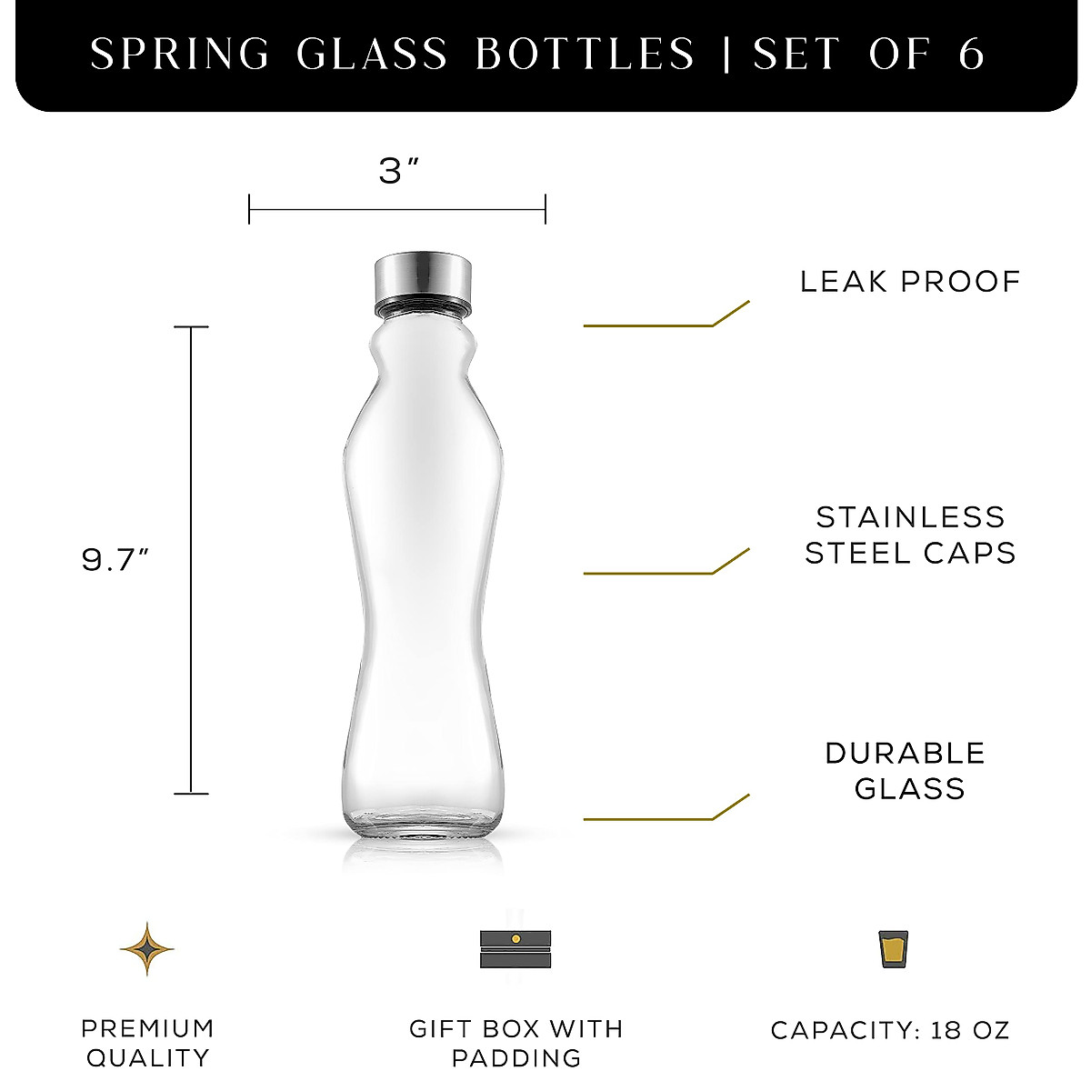 JoyJolt Spring Glass Water Bottles Set of 6-18 oz Glass Bottles with Stainless Steel Caps - Glass Drinking Bottles with Leakproof Lids - Reusable Glass Juice Bottle - Container Bottle Set