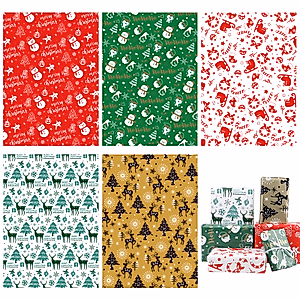 KIMOBER 5 Rolls Christmas Wrapping Paper with Cut Lines on Reverse,Colourful Coated Paper with Cartoon Xmas Elements(17in×118in Per Roll)