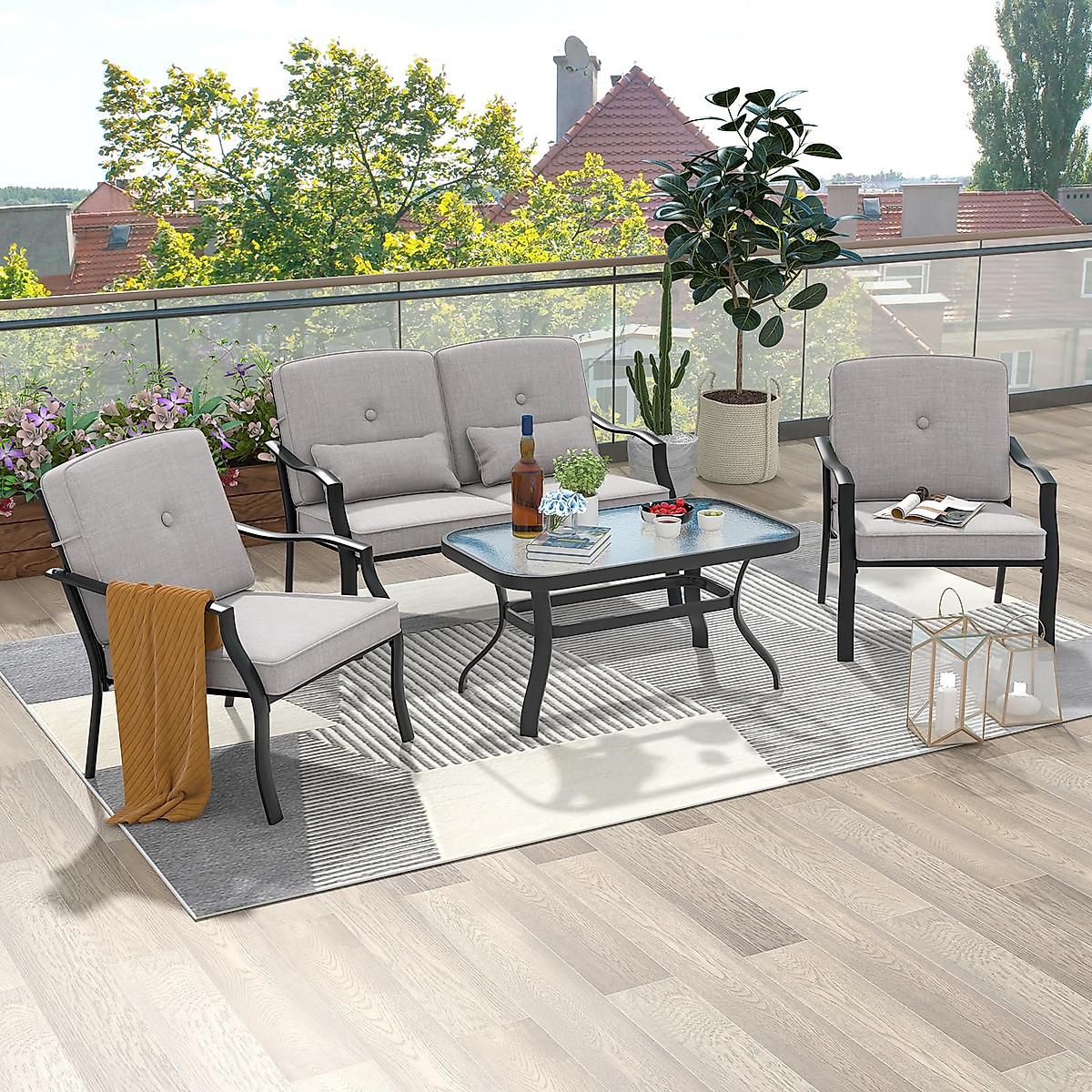 Tangkula 2 Piece Patio Furniture Set, Outdoor Loveseat Chair Set with Seat Back Cushions & Waist Pillows, Tempered Glass Coffee Table, Heavy-Duty Metal Sofa Set for Yard Garden Balcony Poolside (Gray)