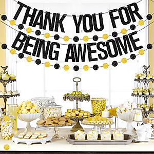 Thank You for Being Awesome Banner, Black Glitter Banner Party Decorations with 2pcs 6.6FT Hanging Circle Dot Garland Streamer for Graduation Retirement Farewell Going Away Office Work Goodbye Party