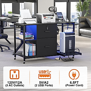 Hyomdeck 47" Lateral File Cabinet with Power Outlet and LED Light, Filing Cabinet with Printer Stand fits Legal/Letter Size, 2 Drawer File Cabinets for Home Office with Lock,Black