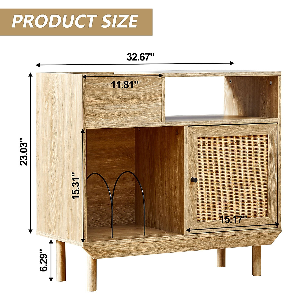 wirrytor Rattan File Cabinet, Wood Lateral Filing Cabinet with Door, Print Stand with Open Storage for Home Office Small Space, Natural
