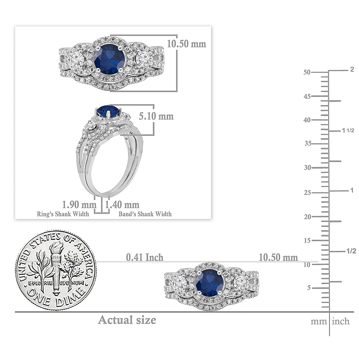 Dazzlingrock Collection Round Blue Sapphire & White Diamond 3 Stone Halo Wedding Ring Set for Women in 14K White Gold Size 6