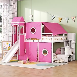 Merax Low Loft Bed Full Size with Slide and Storage Stairs, Wood Loft Bed with Tent & Tower, for Boys & Girls, Pink