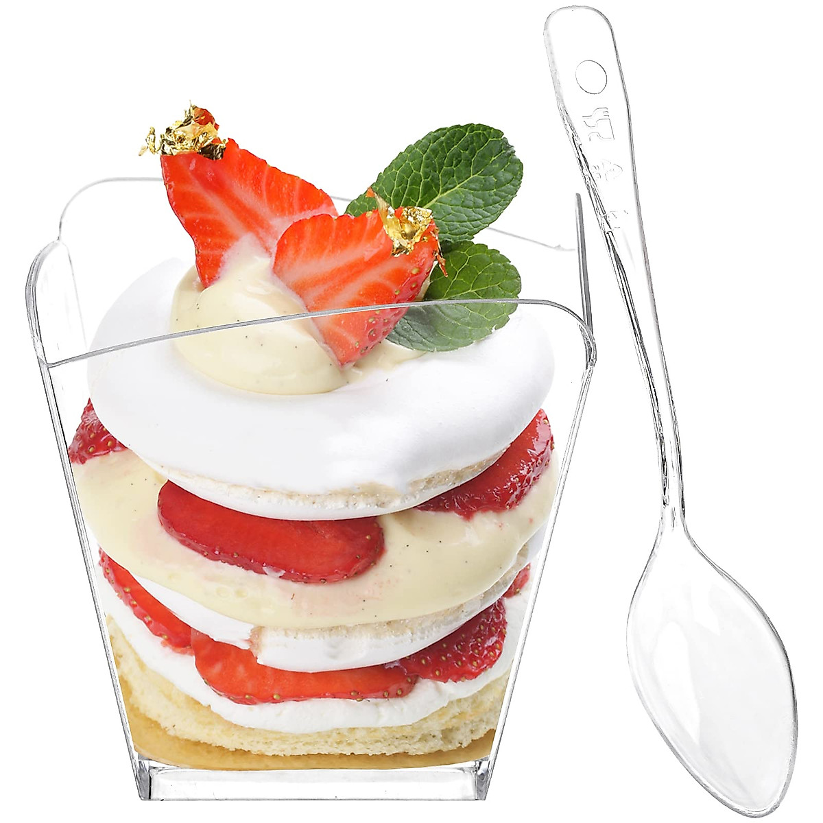 Frcctre 100 Pack 3.4 Oz Clear Dessert Tumbler Cups with Spoons, Disposable Plastic Appetizer Cups Parfait Shooters Cups for Desserts, Puddings, Mousse, Wedding, Party