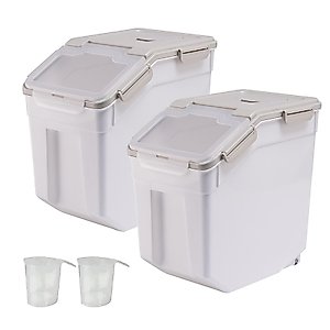 PENCK Large Flour Storage Container 50lbs, 2 Pack Airtight Rice Dispenser, BPA Free Plastic Cereal Grain Organizer Dog Cat Food Bin with Measuring Cup&Scoop for Kitchen Counter Top(Grey)