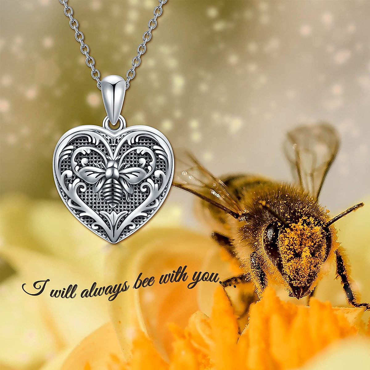 SOULMEET Heart Shaped Honeybee Locket Necklace That Holds 2 Pictures Photo Keep Someone Near to You Sterling Silver Custom Jewelry Personalized Locket Necklace (Locket only)