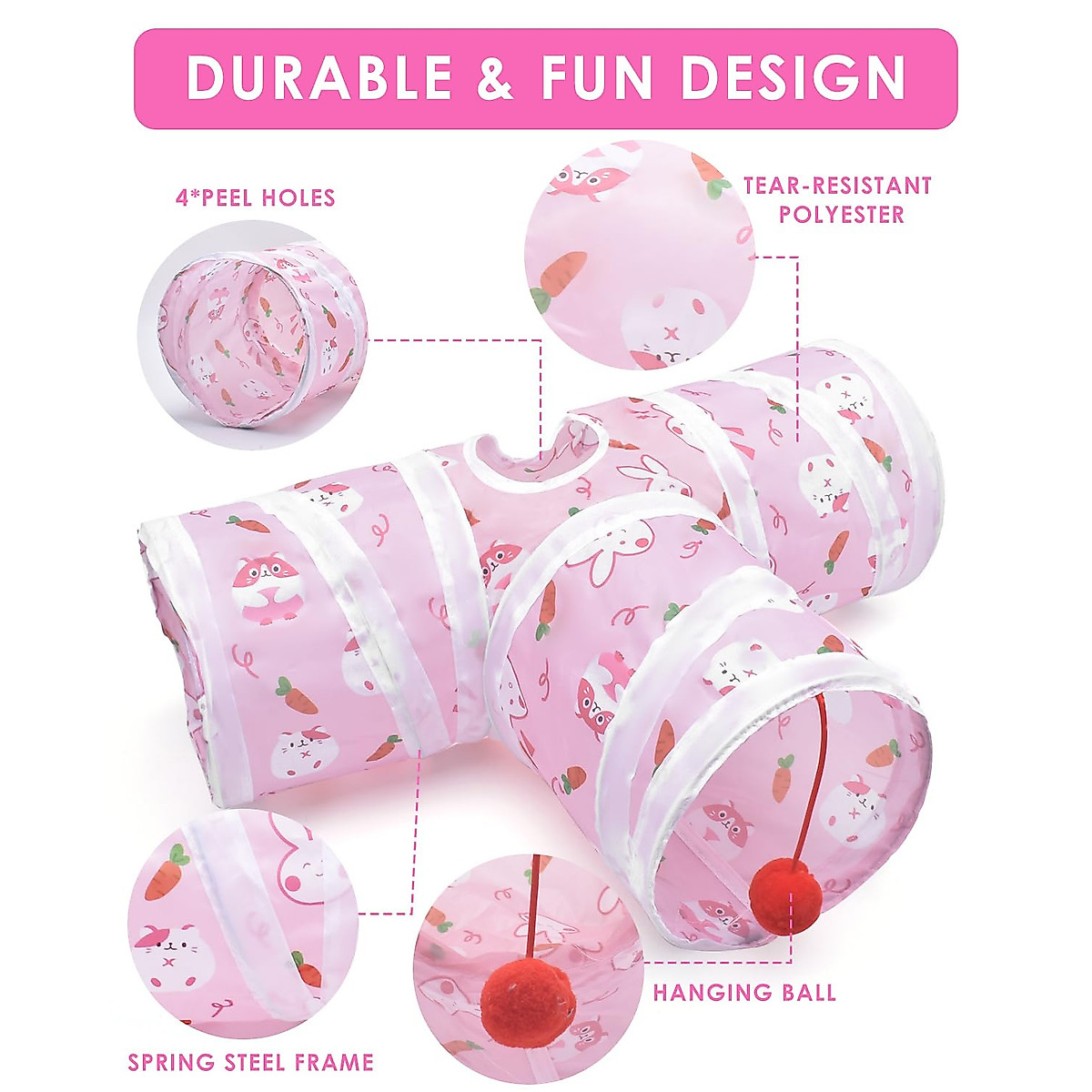 Bissap Rabbit Tunnel, 9.8'' Collapsible Bunny Tunnel and Tube 3 Ways Pet Hideout with 1 Play Ball for Indoor Kittens Dwarf Rabbits Bunnies Guinea Pigs Chinchillas Small Animal Activity Fun Toys (Pink)