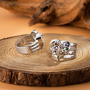 Personalized 1-8 Family Tree Of Life Birthstone Rings 925 Sterling Silver Heart Custom Engraved Name Mom Ring Mother Days Grandmother Birthday Aniversary Jewelry Gifts For Women Grandma Her Daughter