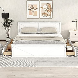 RORIGAT King Size Platform Bed with 4 Storage Drawers, Wooden Bedframe w/Headboard and Support Legs, for Livingroom, Bedroom, Guestroom, No Box Spring Needed, White
