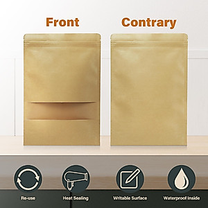 100 Packs Kraft Stand Up Paper Bags with Window(10" x 7") Resealable Bags for Small Business, Food, Sealable Treat Bags for Packaging,Snacks,Candy,Cornmeal,Coffee