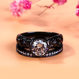 Jeulia 2.5 Ct Black Tone Wedding Ring Set 925 Sterling Silver Round Cut Bridal Sets Vintage CZ Wedding Band Rings Anniversary Engagement Promise Rings for Her with Jewelry Gift Box (8)