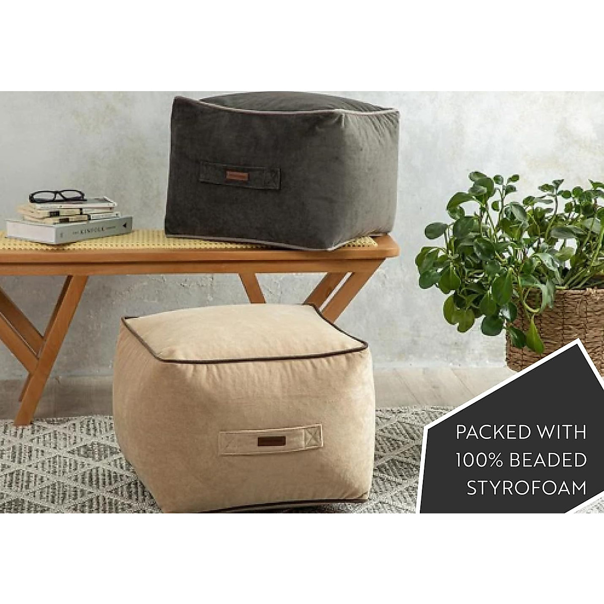 English Home Ottoman Pouffe, Comfortable Cube Foot Stool, Soft Velvet Bean Bag, Home Decor Footstool Extra Seating for Living Room, Bedroom, Casha, 17.7x17.7 inch (45x45 cm), Anthracite