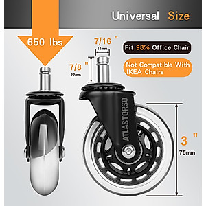 Office Chair Casters Wheels Replacement - 5 Set Rubber Chair Caster Heavy Duty Caster for Chair to Replace Rolling Chair Wheel Roller Blade Style Caster Non Scratch Safe for Hardwood Floors and Carpet
