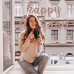 Pre-Strung Happy Birthday Banner - NO DIY - Rose Gold Glitter Birthday Banner in Script - Pre-Strung Garland on 6 ft Strands - Rose Gold Birthday Party Decorations & Decor. Did we mention no DIY?