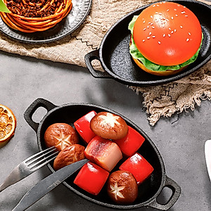 Mifoci 6 Pcs 16 oz 8.7'' x 4.7'' Oval Serving Dish Mini Cast Iron Skillet Cast Iron Baking Pan Sizzling Plate Matte Black Gratin Cookware for Home Restaurant Kitchen Food Service Barbecue