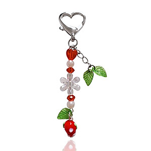 Meefisher Red Strawberry Green Leaves Y2K Aesthetic Accessories Gift Keychain Cute Love Heart Keyring for Women Bag Charms Pendant, Kawaii Jewelry Gifts