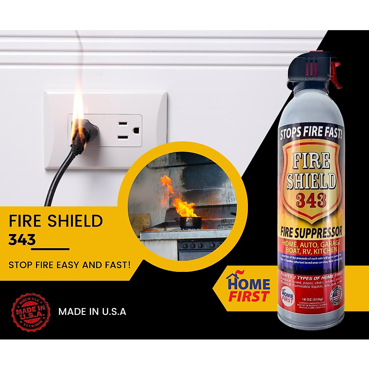 Fire Shield 343 - Home & MOBILE Use Aerosol Fire Suppressant Spray Foam Eliminates Gasoline, Kitchen Grease, Oil, Wood Fires. For Garage, House, Camping, RV & More