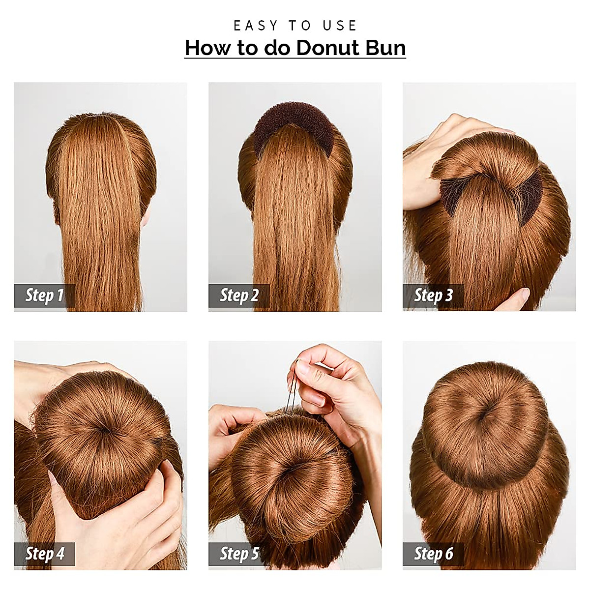 FANDAMEI Hair Bun Maker Set, Donut Bun Maker Set With 4pcs Dark Brown &4pcs Beige(2 extra-large,2 large,2 medium and 2 small), 5 pieces Hair Elastic Bands, 40 pieces Hair Bobby Pins (Brown and Gold)